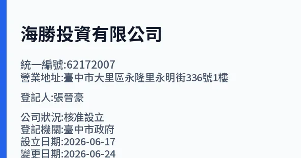 海勝投資有限公司的照片-統編 62172007(臺中市) 公司登記資料與營業項目詳細圖表