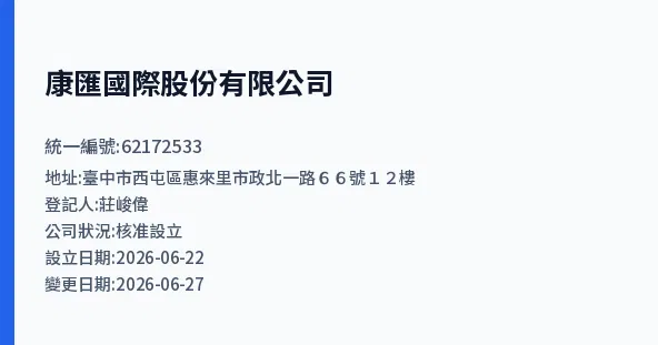 康匯國際股份有限公司的照片-統編 62172533(臺中市) 公司登記資料與營業項目詳細圖表