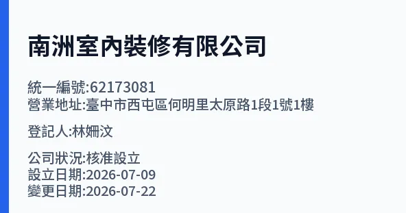 南洲室內裝修有限公司的照片-統編 62173081(臺中市) 公司登記資料與營業項目詳細圖表