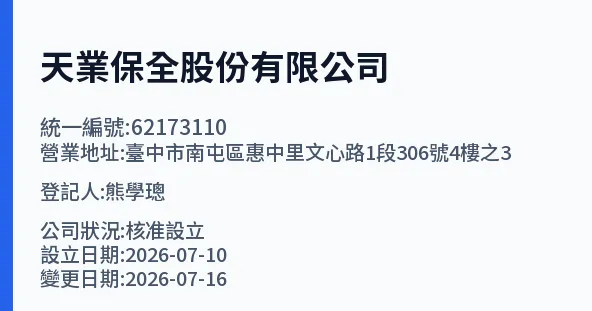 天業保全股份有限公司的照片-統編 62173110(臺中市) 公司登記資料與營業項目詳細圖表