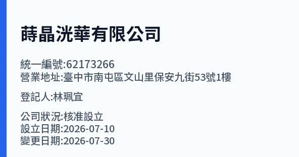 蒔晶洸華有限公司的照片-統編 62173266(臺中市) 公司登記資料與營業項目詳細圖表