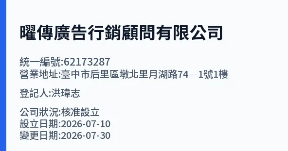曜傳廣告行銷顧問有限公司的照片-統編 62173287(臺中市) 公司登記資料與營業項目詳細圖表