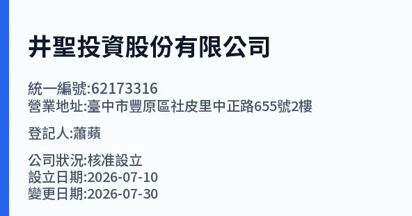 井聖投資股份有限公司的照片-統編 62173316(臺中市) 公司登記資料與營業項目詳細圖表