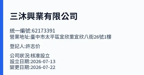 三沐興業有限公司的照片-統編 62173391(臺中市) 公司登記資料與營業項目詳細圖表