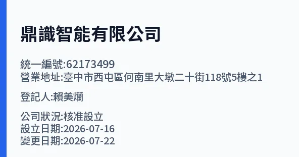鼎識智能有限公司的照片-統編 62173499(臺中市) 公司登記資料與營業項目詳細圖表