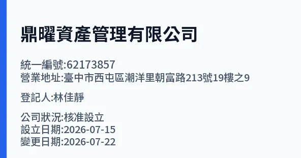 鼎曜資產管理有限公司的照片-統編 62173857(臺中市) 公司登記資料與營業項目詳細圖表