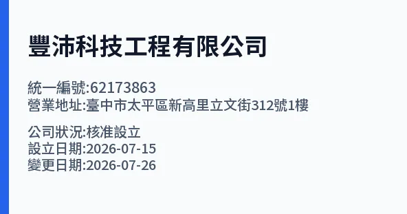 豐沛科技工程有限公司的照片-統編 62173863(臺中市) 公司登記資料與營業項目詳細圖表
