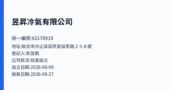 昱昇冷氣有限公司的照片-統編 62178918(新北市) 公司登記資料與營業項目詳細圖表