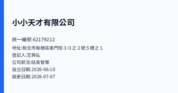 小小天才有限公司的照片-統編 62179212(新北市) 公司登記資料與營業項目詳細圖表