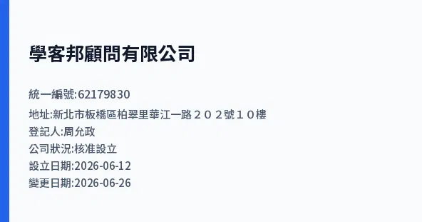 學客邦顧問有限公司的照片-統編 62179830(新北市) 公司登記資料與營業項目詳細圖表