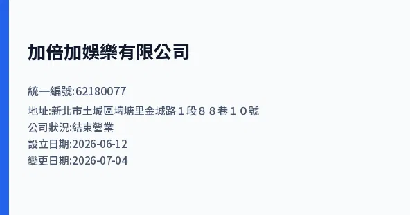加倍加娛樂有限公司的照片-統編 62180077(新北市) 公司登記資料與營業項目詳細圖表