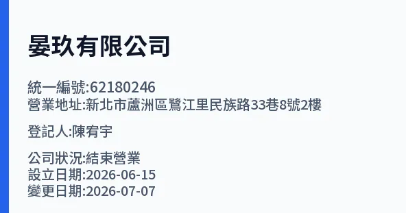 晏玖有限公司的照片-統編 62180246(新北市) 公司登記資料與營業項目詳細圖表