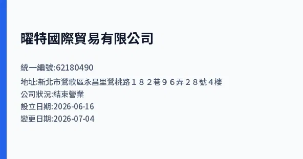 曜特國際貿易有限公司的照片-統編 62180490(新北市) 公司登記資料與營業項目詳細圖表