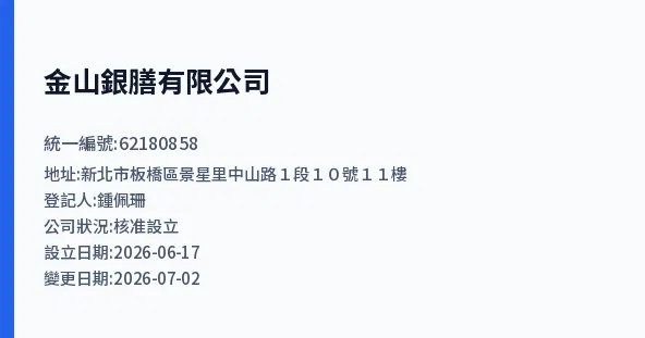 金山銀膳有限公司的照片-統編 62180858(新北市) 公司登記資料與營業項目詳細圖表