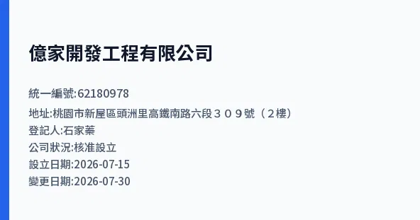 億家開發工程有限公司的照片-統編 62180978(桃園市) 公司登記資料與營業項目詳細圖表