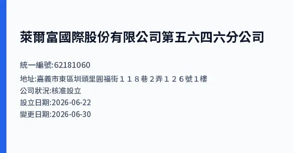 萊爾富國際股份有限公司第五六四六分公司的照片-統編 62181060(嘉義市) 公司登記資料與營業項目詳細圖表
