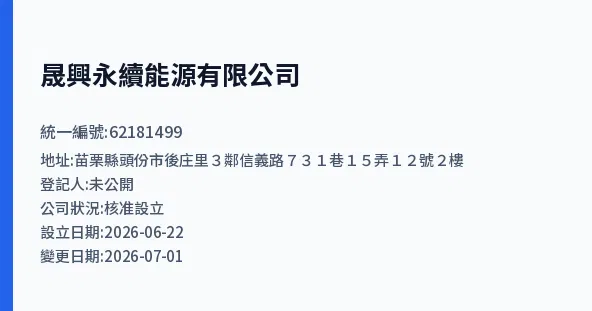 晟興永續能源有限公司的照片-統編 62181499(苗栗縣) 公司登記資料與營業項目詳細圖表