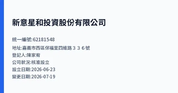 新意星和投資股份有限公司的照片-統編 62181548(嘉義市) 公司登記資料與營業項目詳細圖表