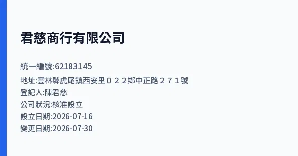 君慈商行有限公司的照片-統編 62183145(雲林縣) 公司登記資料與營業項目詳細圖表