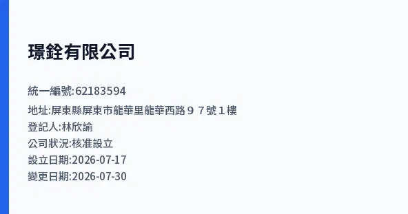 璟銓有限公司的照片-統編 62183594(屏東縣) 公司登記資料與營業項目詳細圖表