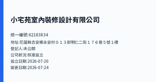 小宅苑室內裝修設計有限公司的照片-統編 62183834(花蓮縣) 公司登記資料與營業項目詳細圖表