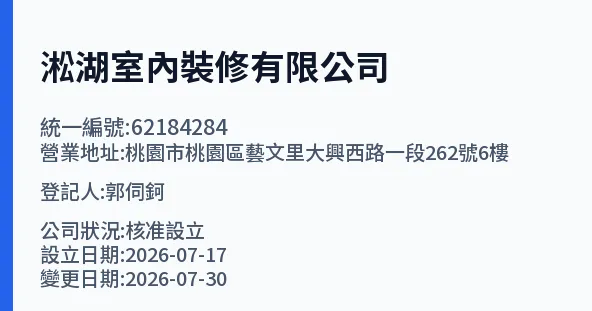 淞湖室內裝修有限公司的照片-統編 62184284(桃園市) 公司登記資料與營業項目詳細圖表