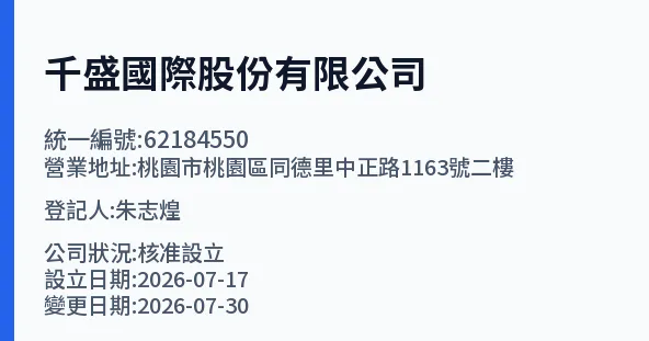 千盛國際股份有限公司的照片-統編 62184550(桃園市) 公司登記資料與營業項目詳細圖表