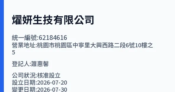 燿妍生技有限公司的照片-統編 62184616(桃園市) 公司登記資料與營業項目詳細圖表