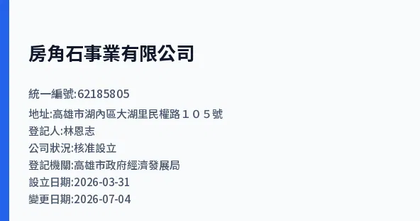 房角石事業有限公司的照片-統編 62185805(高雄市) 公司登記資料與營業項目詳細圖表