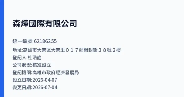 森燁國際有限公司的照片-統編 62186255(高雄市) 公司登記資料與營業項目詳細圖表