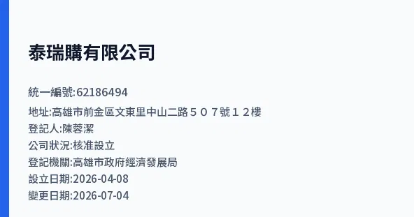 泰瑞購有限公司的照片-統編 62186494(高雄市) 公司登記資料與營業項目詳細圖表