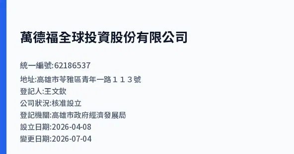 萬德福全球投資股份有限公司的照片-統編 62186537(高雄市) 公司登記資料與營業項目詳細圖表