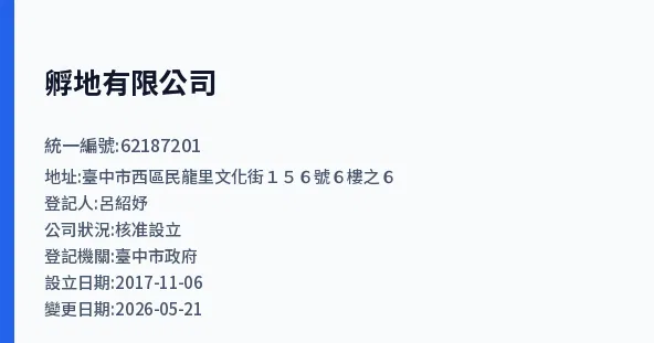 孵地有限公司的照片-統編 62187201(臺中市) 公司登記資料與營業項目詳細圖表