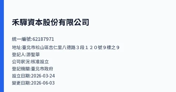 禾驊資本股份有限公司的照片-統編 62187971(臺北市) 公司登記資料與營業項目詳細圖表