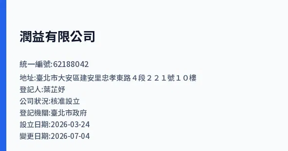 潤益有限公司的照片-統編 62188042(臺北市) 公司登記資料與營業項目詳細圖表