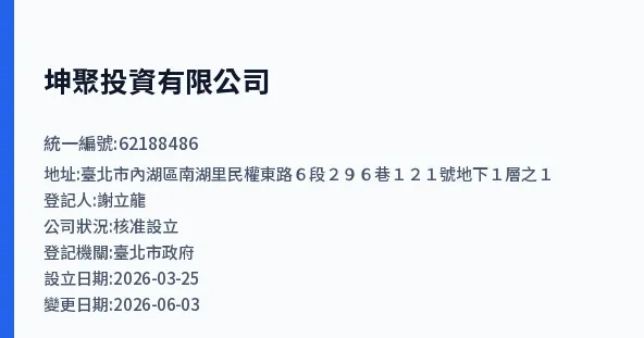 坤聚投資有限公司的照片-統編 62188486(臺北市) 公司登記資料與營業項目詳細圖表