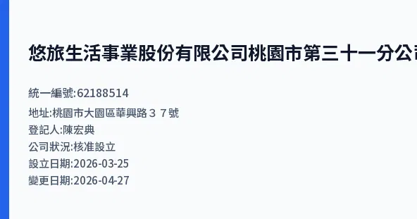 悠旅生活事業股份有限公司桃園市第三十一分公司的照片-統編 62188514(桃園市) 公司登記資料與營業項目詳細圖表
