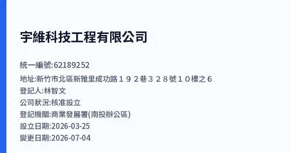 宇維科技工程有限公司的照片-統編 62189252(新竹市) 公司登記資料與營業項目詳細圖表