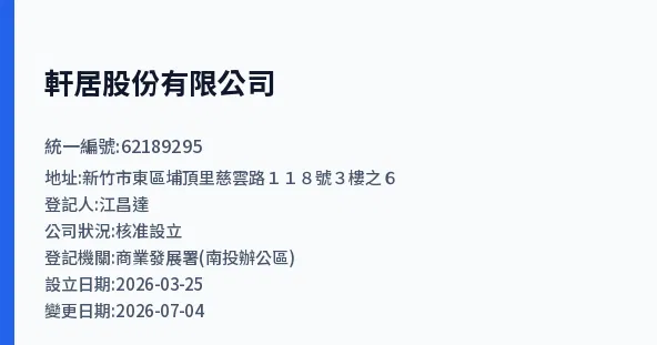 軒居股份有限公司的照片-統編 62189295(新竹市) 公司登記資料與營業項目詳細圖表