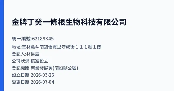 金牌丁癸一條根生物科技有限公司的照片-統編 62189345(雲林縣) 公司登記資料與營業項目詳細圖表