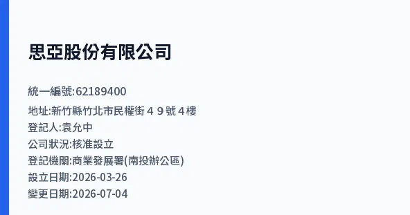 思亞股份有限公司的照片-統編 62189400(新竹縣) 公司登記資料與營業項目詳細圖表