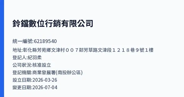 鈴鐺數位行銷有限公司的照片-統編 62189540(彰化縣) 公司登記資料與營業項目詳細圖表