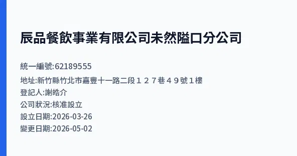 辰品餐飲事業有限公司未然隘口分公司的照片-統編 62189555(新竹縣) 公司登記資料與營業項目詳細圖表