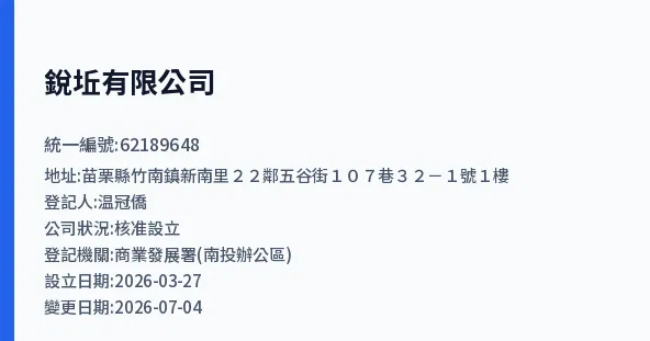 銳坵有限公司的照片-統編 62189648(苗栗縣) 公司登記資料與營業項目詳細圖表