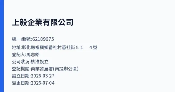 上毅企業有限公司的照片-統編 62189675(彰化縣) 公司登記資料與營業項目詳細圖表