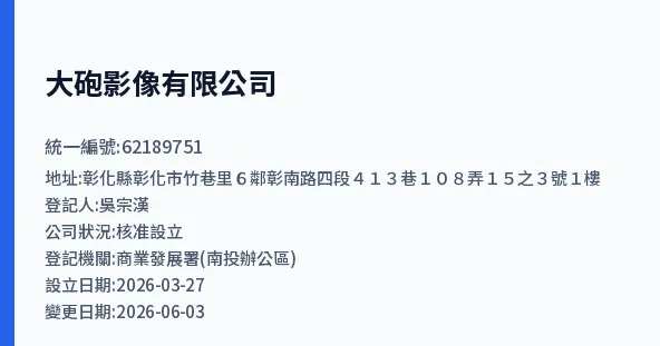 大砲影像有限公司的照片-統編 62189751(彰化縣) 公司登記資料與營業項目詳細圖表
