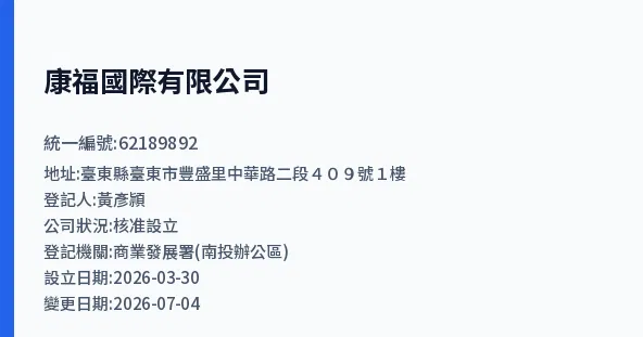 康福國際有限公司的照片-統編 62189892(臺東縣) 公司登記資料與營業項目詳細圖表