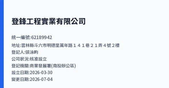 登鋒工程實業有限公司的照片-統編 62189942(雲林縣) 公司登記資料與營業項目詳細圖表