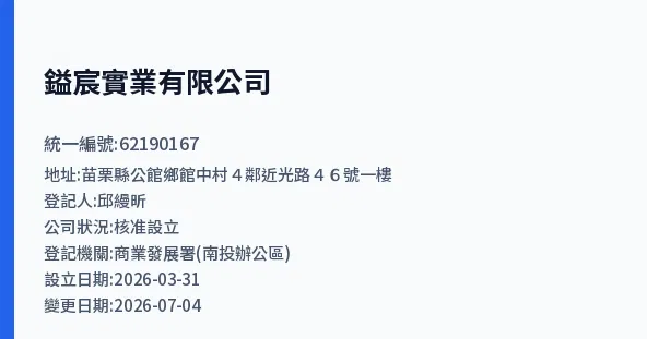 鎰宸實業有限公司的照片-統編 62190167(苗栗縣) 公司登記資料與營業項目詳細圖表
