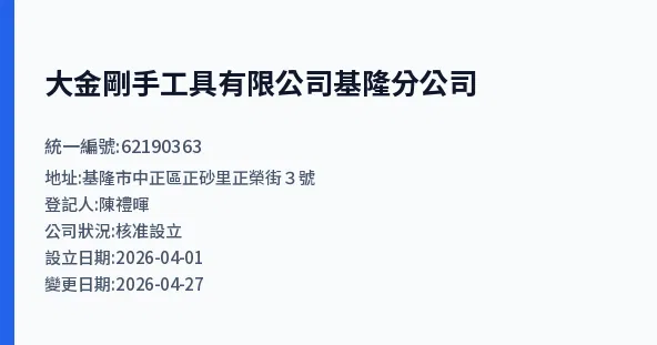 大金剛手工具有限公司基隆分公司的照片-統編 62190363(基隆市) 公司登記資料與營業項目詳細圖表